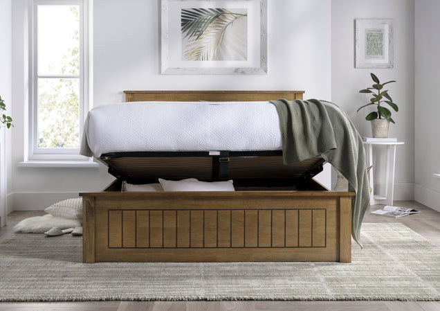 New England Oak Finish Wooden Ottoman Storage Bed – Time4Sleep