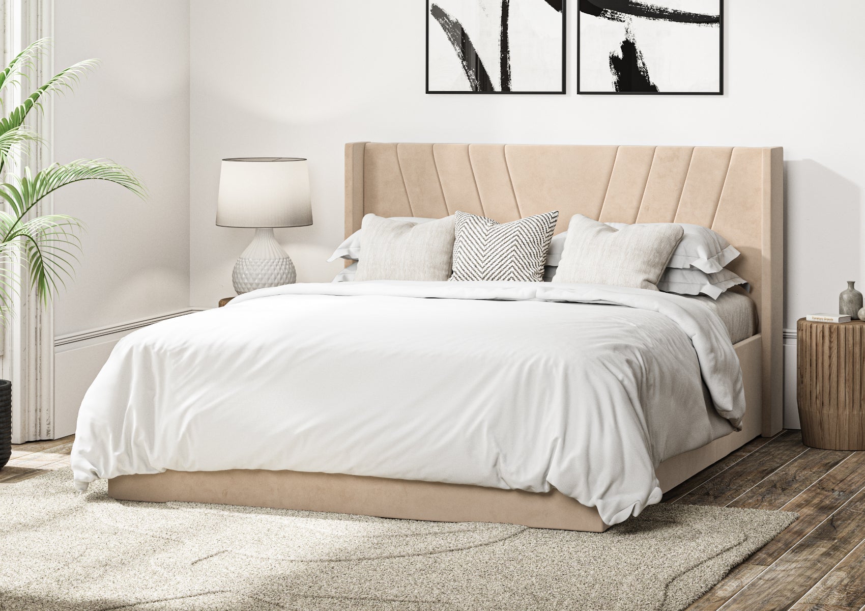 Bliss Winged Classic Hugo Latte Upholstered Ottoman Bed Frame Only ...