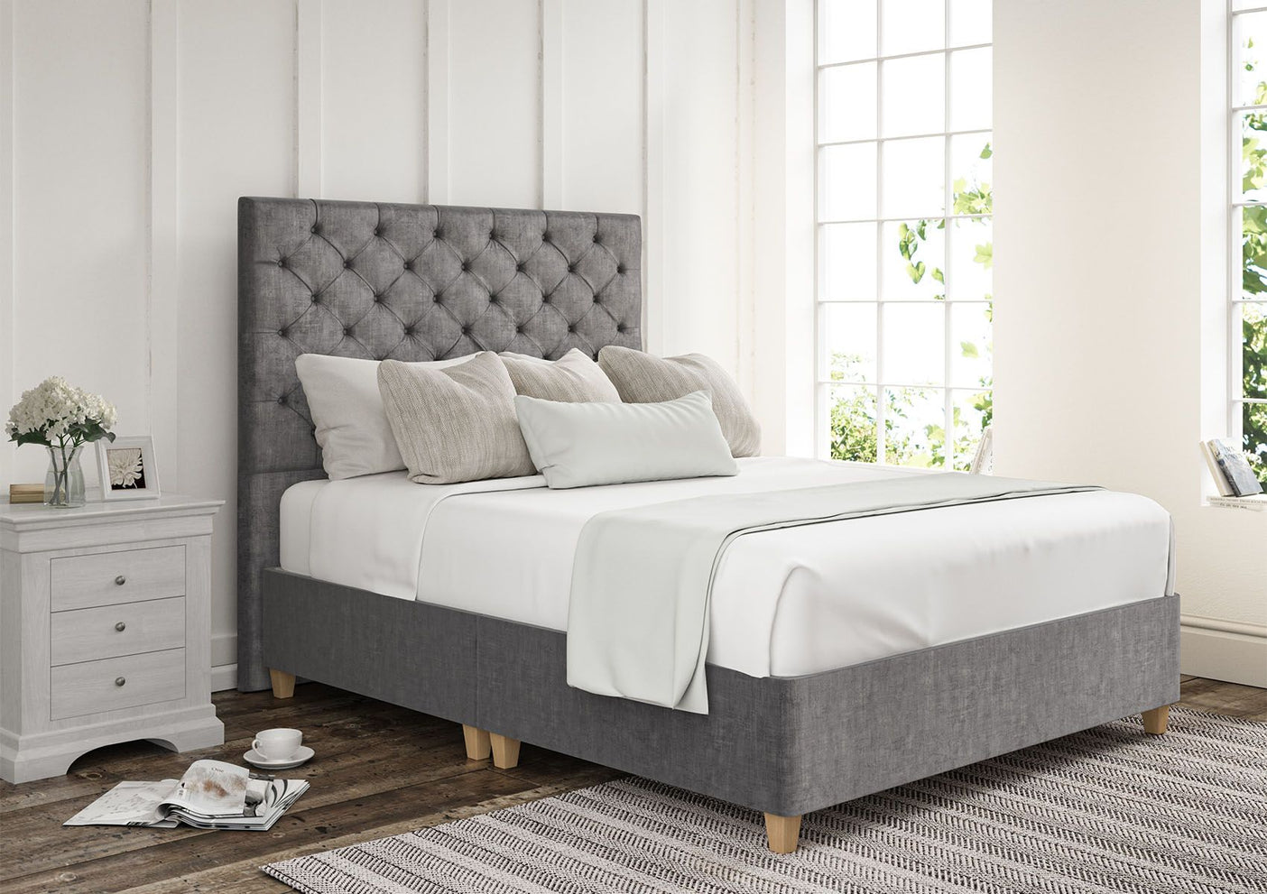 Chesterfield Upholstered Headboard and Shallow Base On Legs – Time4Sleep