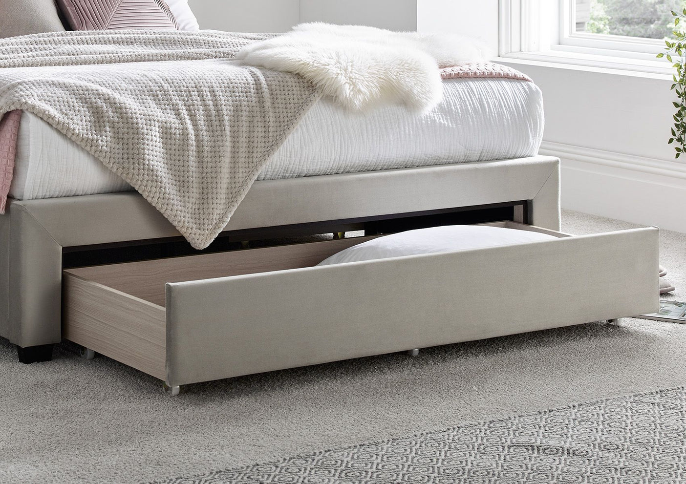 Elegance Champagne Upholstered Drawer Bed – Time4Sleep