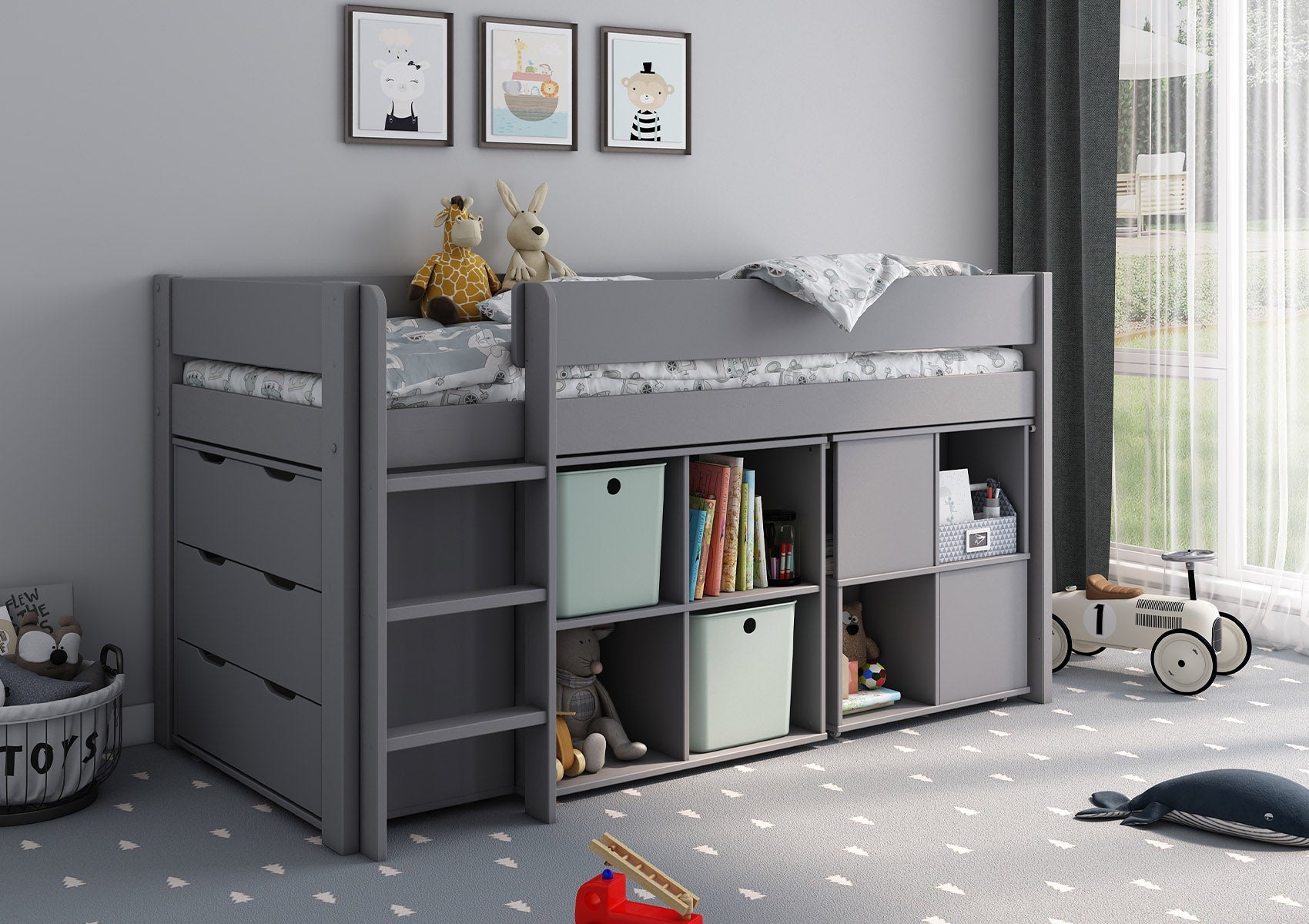 Estella Grey Mid Sleeper Bed Frame With Cube, Desk & Chest – Time4Sleep