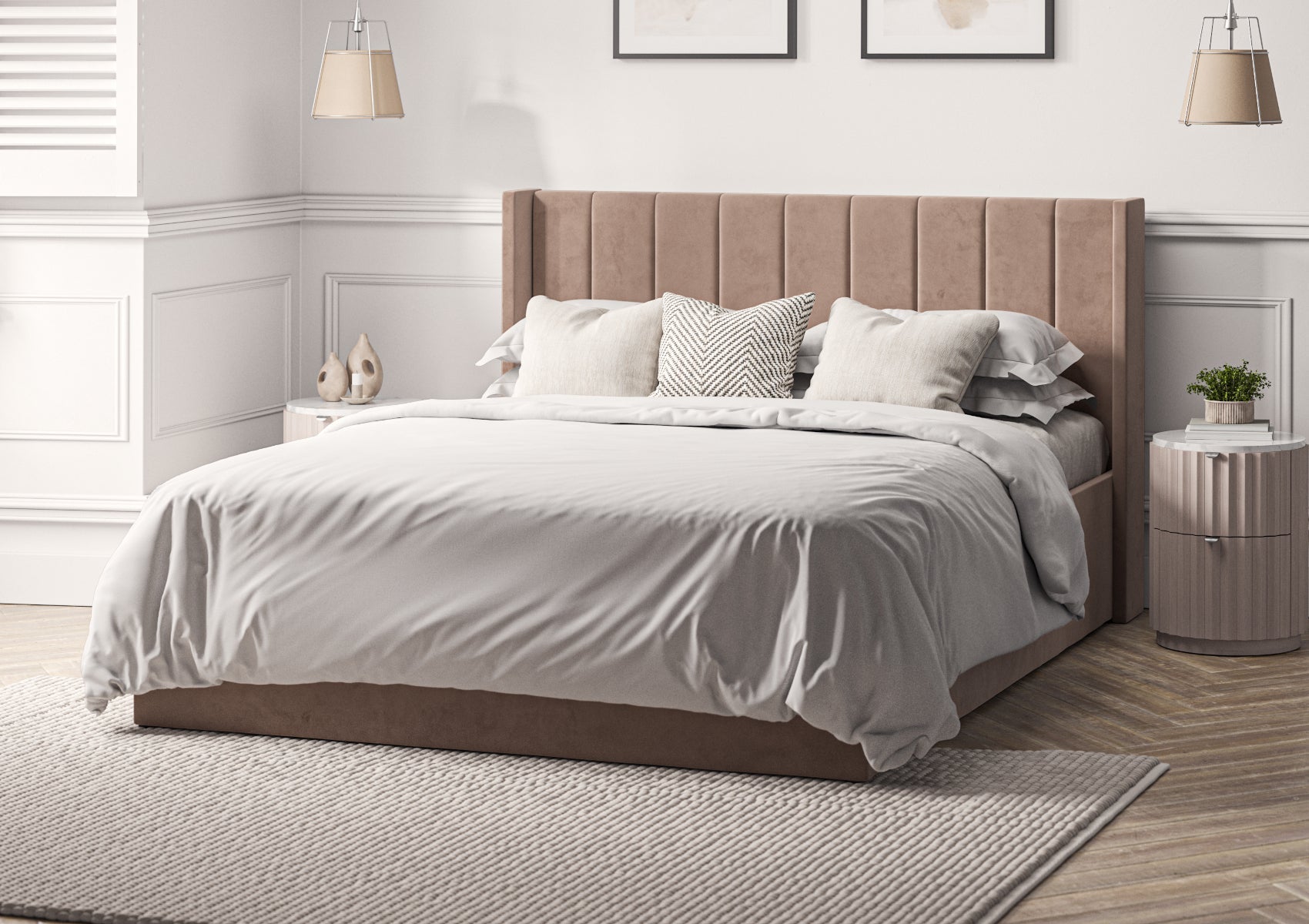 Harmony Winged Classic Hugo Linen Upholstered Ottoman Bed Frame Only ...