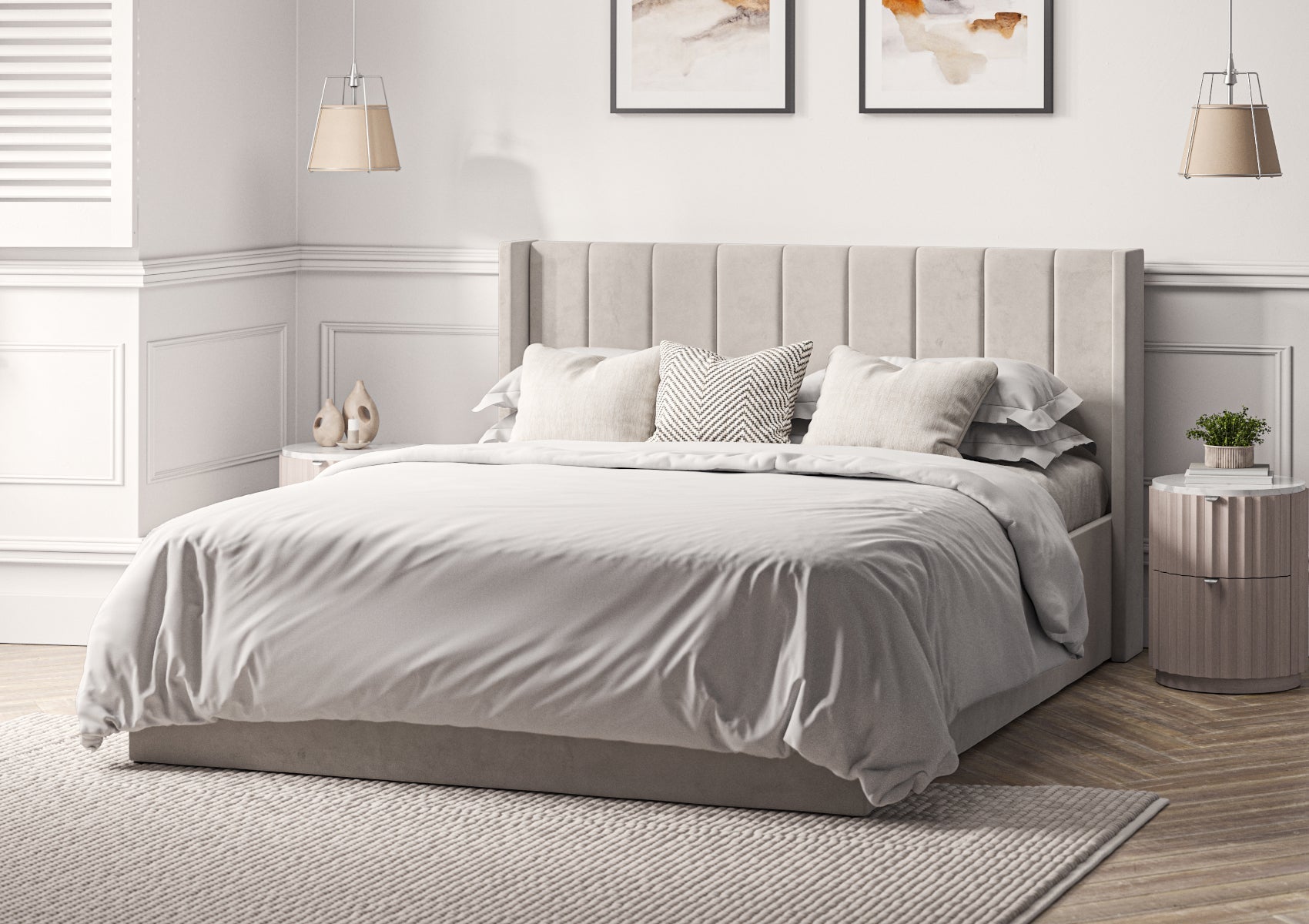 Harmony Winged Classic Hugo Platinum Upholstered Ottoman Bed Frame Onl ...