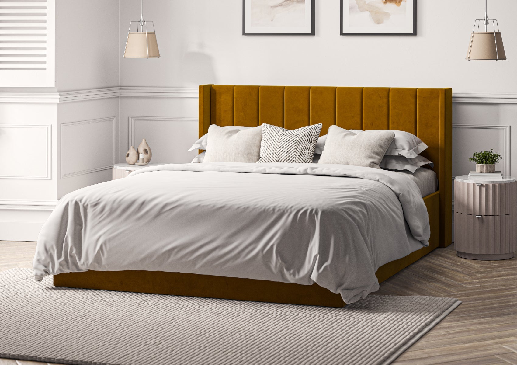 Harmony Winged Classic Hugo Saffron Upholstered Ottoman Bed Frame Only ...