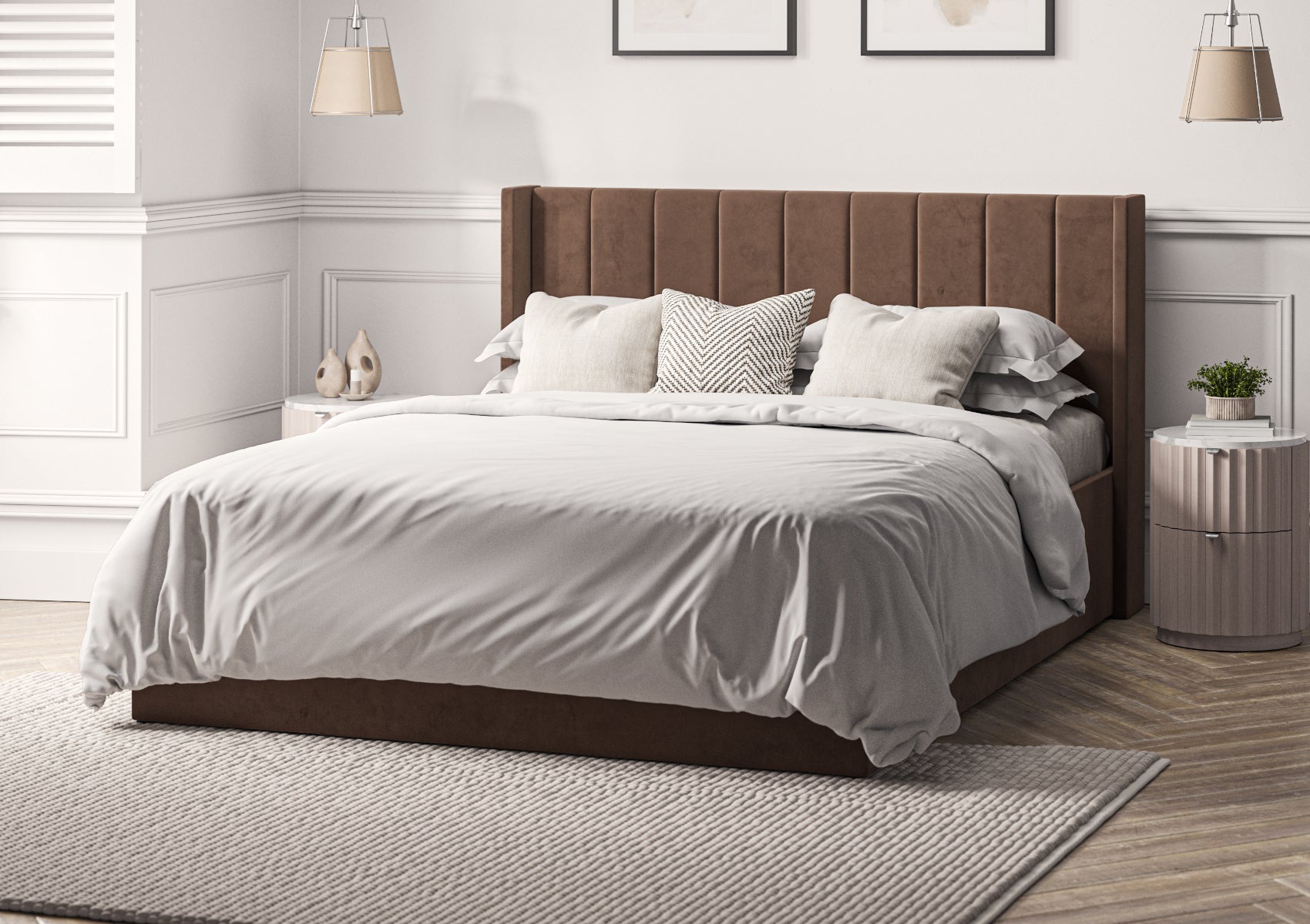 Harmony Winged Classic Hugo Truffle Upholstered Ottoman Bed Frame Only ...