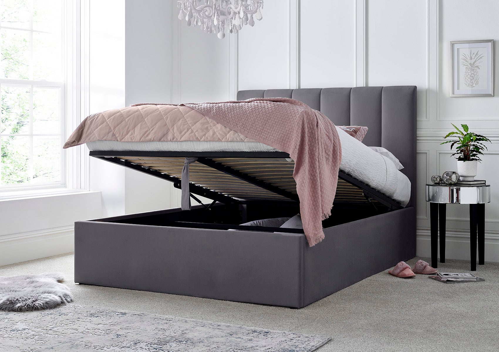 Linea Grey Upholstered Ottoman Bed Frame Only – Time4Sleep
