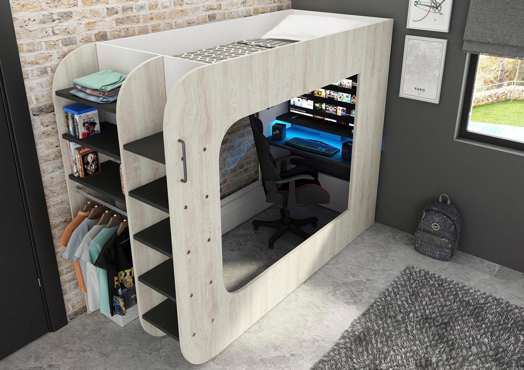 Loftpod Solo Light Wood With Grey Futon Gaming Bed Frame – Time4Sleep