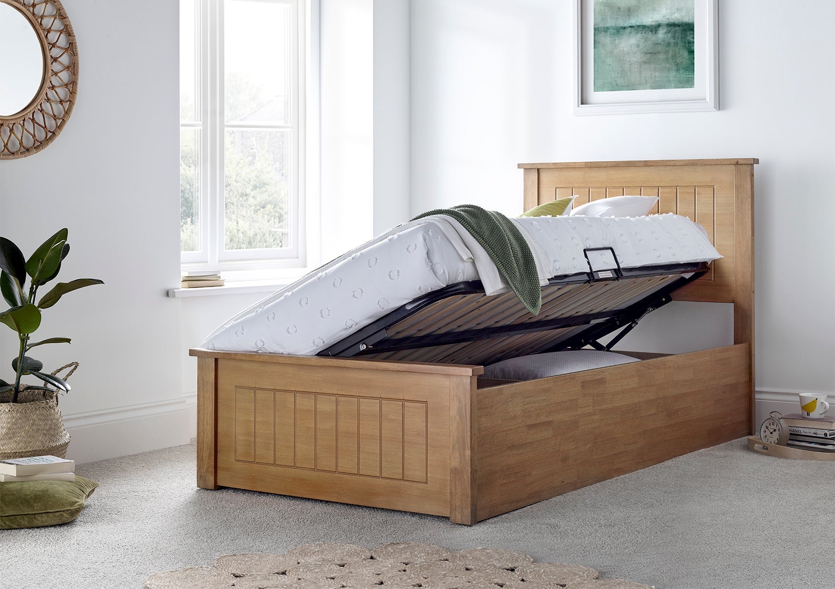 New England Solo Oak Finish Wooden Ottoman Storage Bed – Time4Sleep
