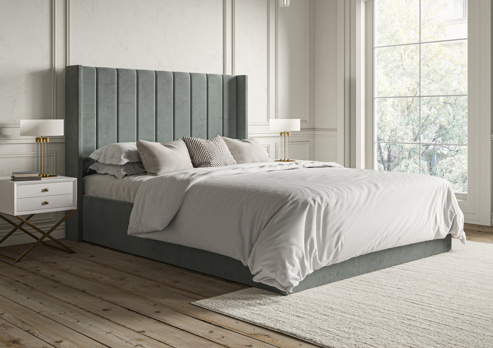 Opulence Winged Grand Hugo Airforce Upholstered Ottoman Bed Frame Only ...