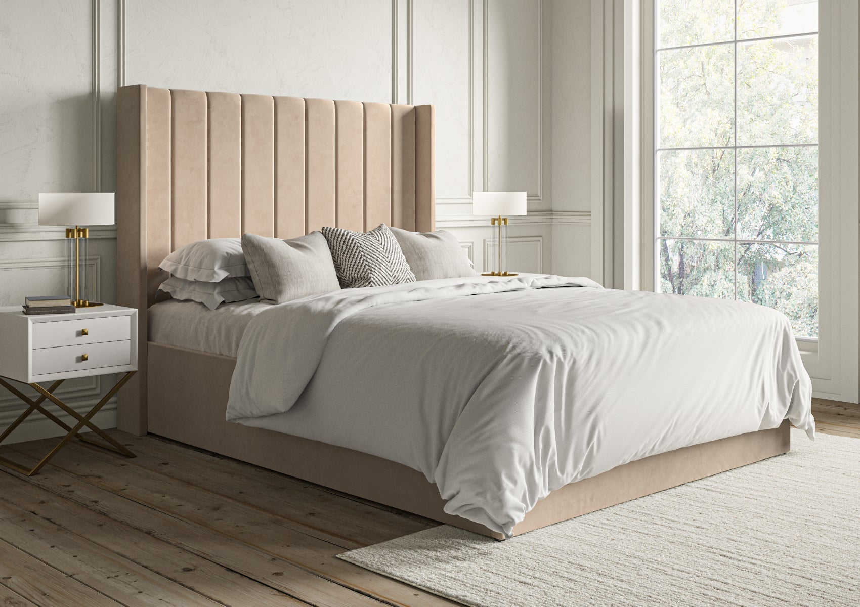 Opulence Winged Grand Hugo Latte Upholstered Ottoman Bed Frame Only ...