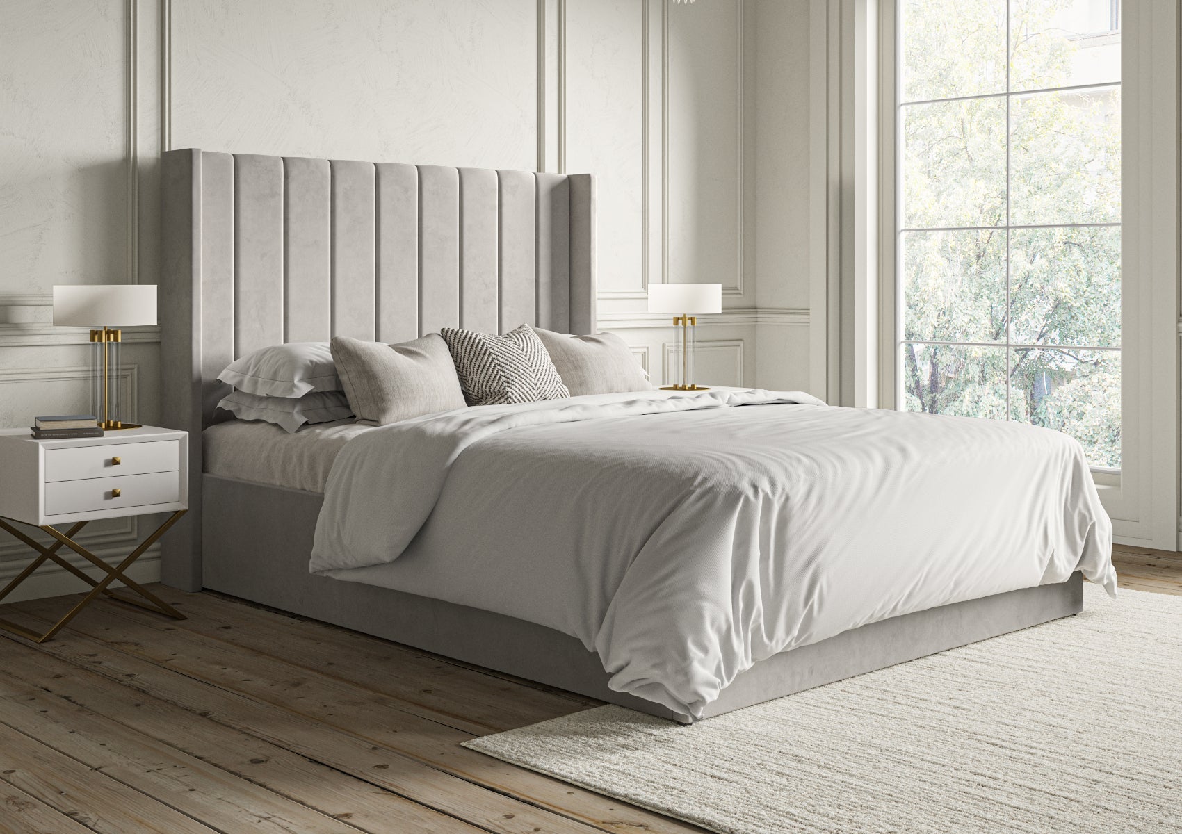 Opulence Winged Grand Hugo Platinum Upholstered Ottoman Bed Frame Only ...