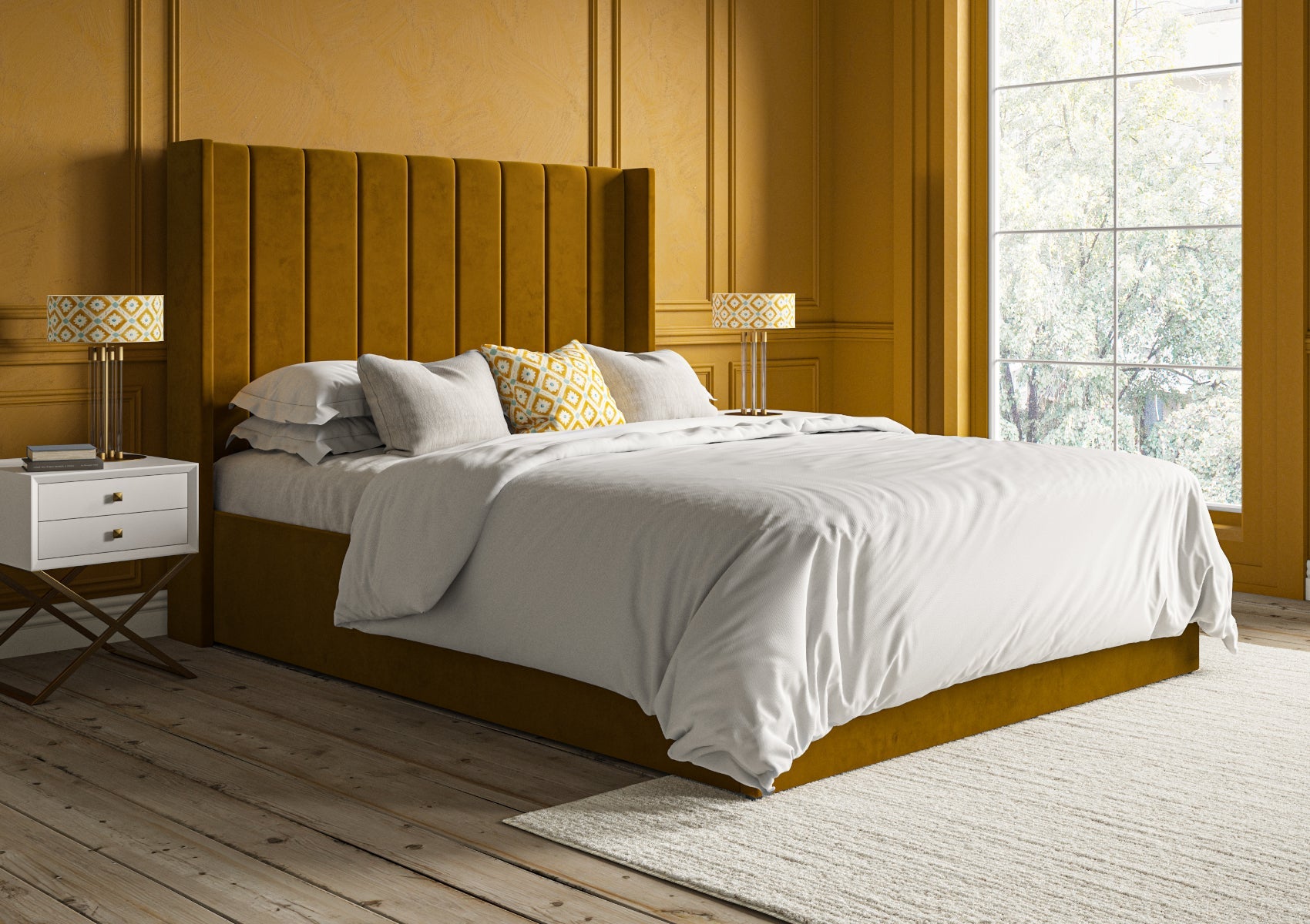 Opulence Winged Grand Hugo Saffron Upholstered Ottoman Bed Frame Only ...