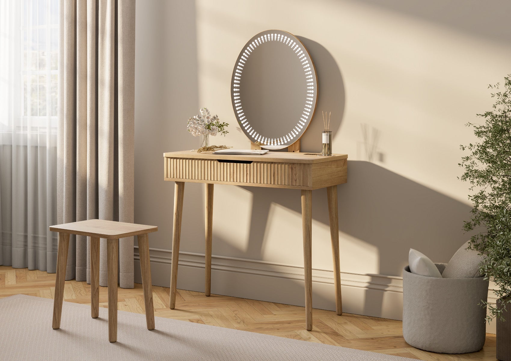 Oslo 1 Drawer Oak Finish Dressing Table and Stool Including Mirror ...