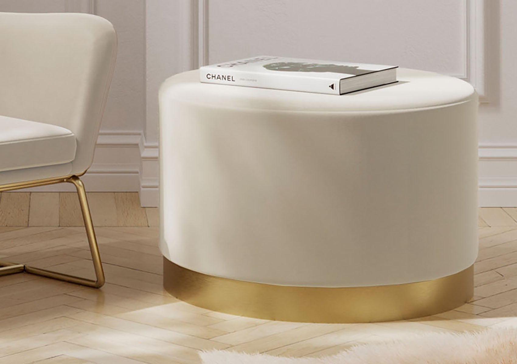 Portrush Cream Velvet Upholstered Pouffe Large Stool – Time4Sleep