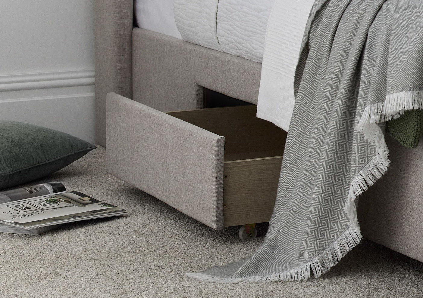 Savannah Natural Oat Upholstered Drawer Bed Frame Only – Time4Sleep